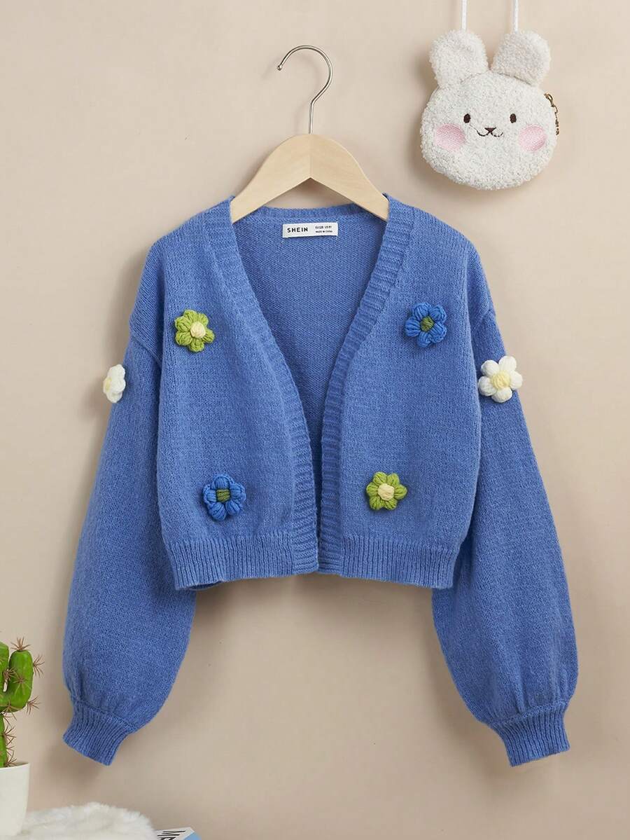 SHEIN Tween Girls' Long Sleeve Lantern Shaped Placket Cardigan With ...