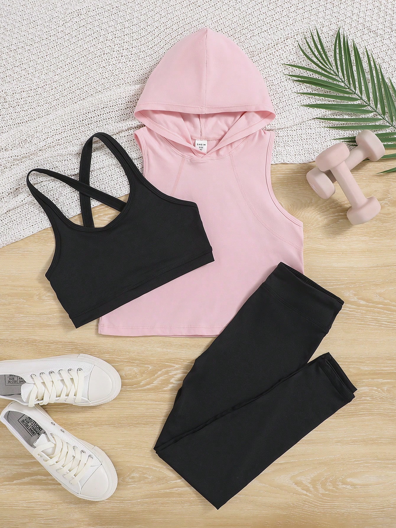 SHEIN Tween Girl 3pcs Sports Suit With Hooded Neck Top, Sleeveless Top ...