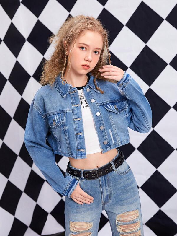 SHEIN Teen Girl 1pc Ripped Frayed Flap Detail Denim Jacket | SHEIN EUR