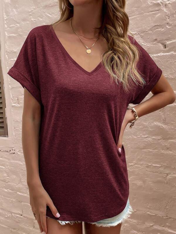 SHEIN LUNE Solid Batwing Sleeve V Neck Tee | SHEIN USA