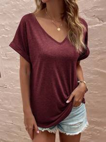 SHEIN LUNE Solid Batwing Sleeve V Neck Tee | SHEIN USA