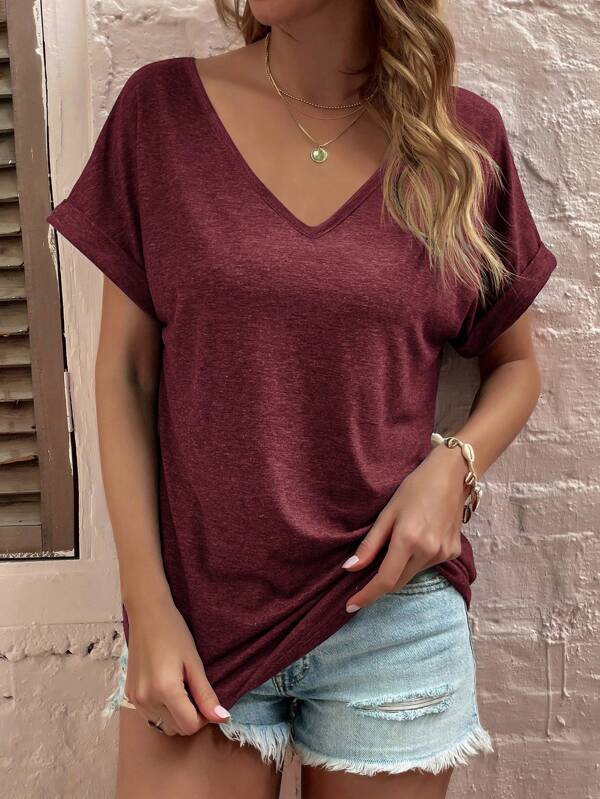 SHEIN LUNE Solid Batwing Sleeve V Neck Tee | SHEIN USA