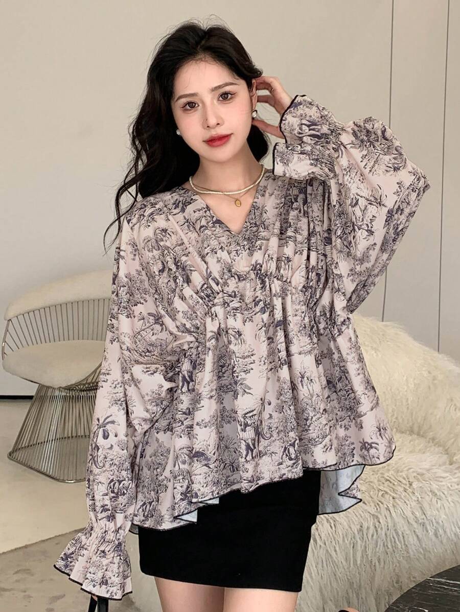 DAZY Allover Print Flounce Sleeve Peplum Blouse | SHEIN USA