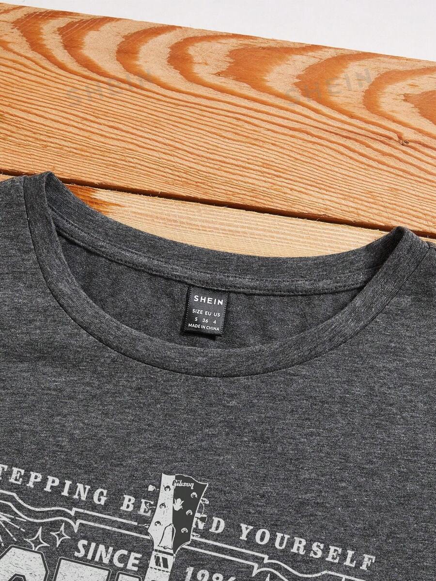 SHEIN LUNE Guitar Music Pattern & Letter Print Round Neck T-Shirt ...