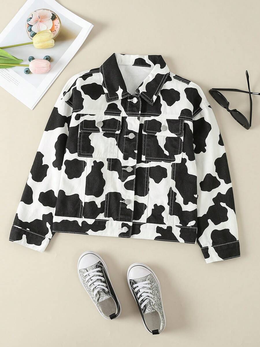 Tween Girl Cow Print Denim Jacket | SHEIN USA