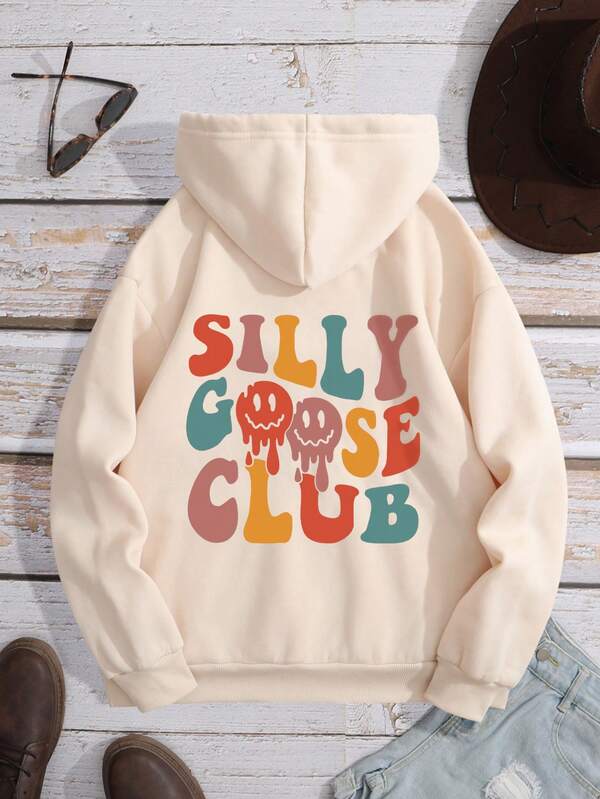 SHEIN LUNE Letter & Cartoon Face Print Drawstring Thermal Lined Hoodie ...