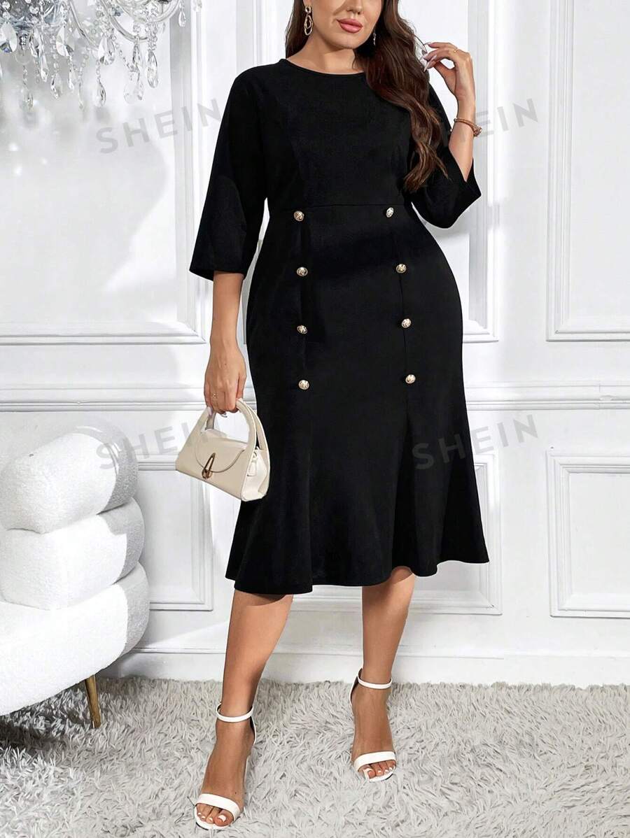 SHEIN Clasi Plus Button Detail Mermaid Hem Dress | SHEIN USA