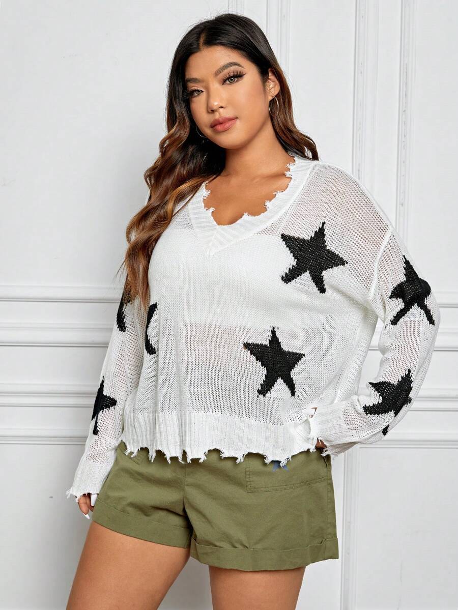 SHEIN EZwear Plus Star Pattern Distressed Drop Shoulder Sweater Without ...