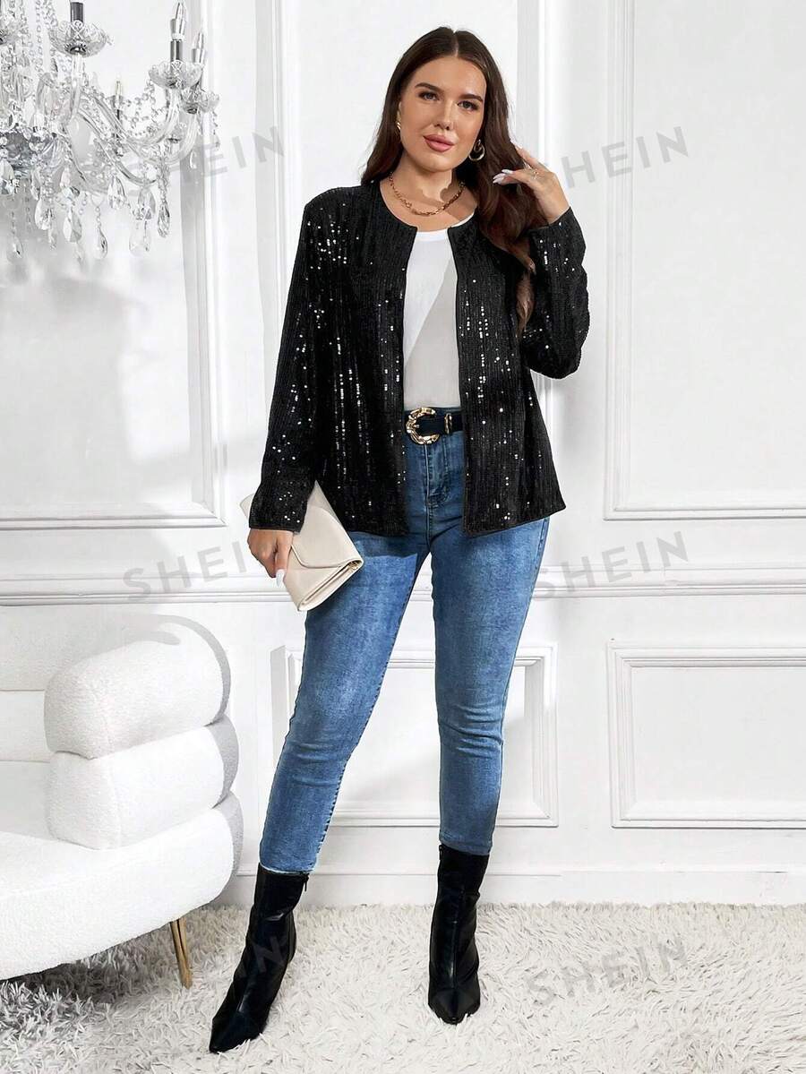 SHEIN Clasi Plus Open Front Sequin Jacket | SHEIN UK
