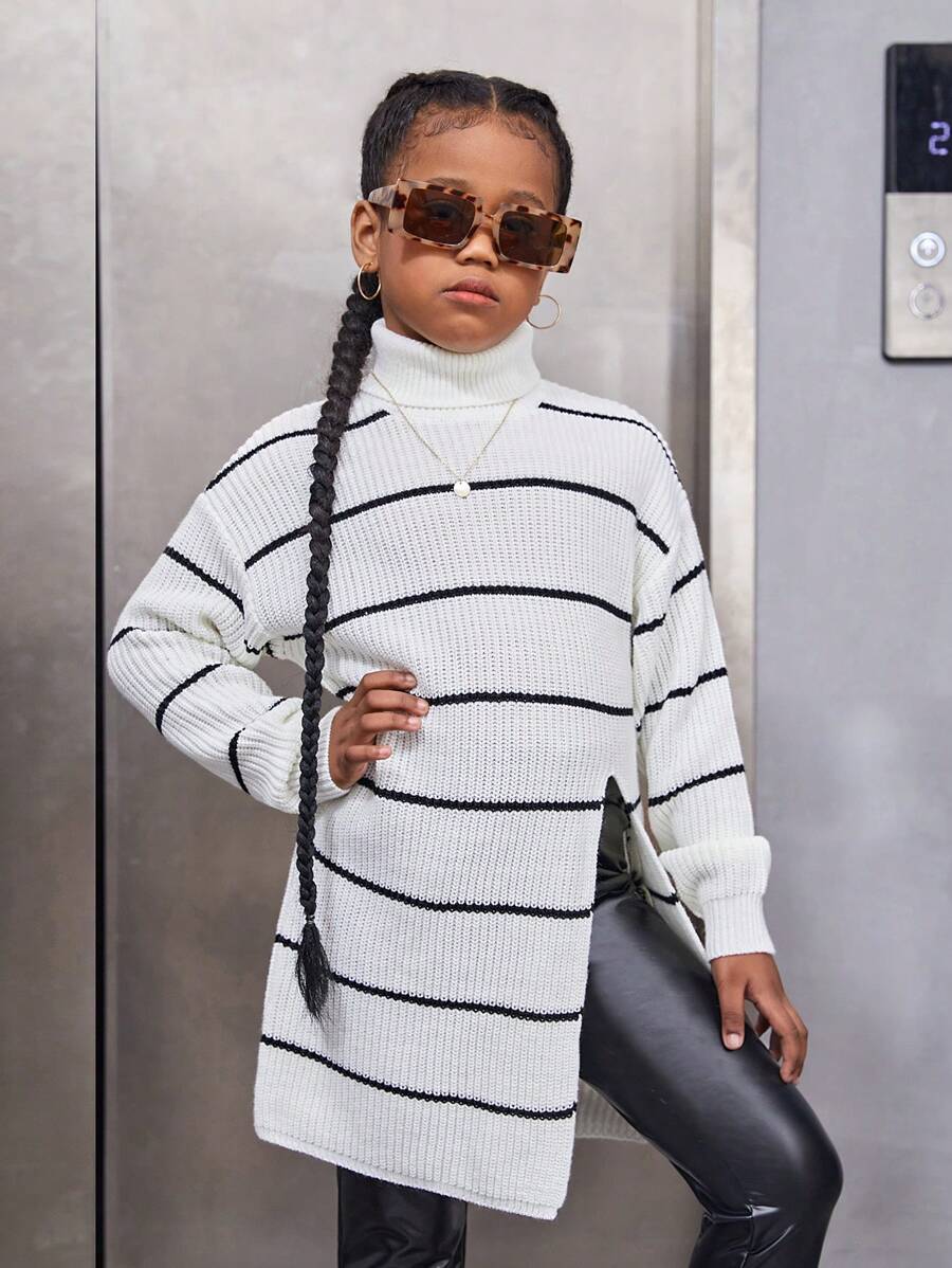 SHEIN Tween Girl Academy Style Turtleneck Striped Sweater With Pullover ...