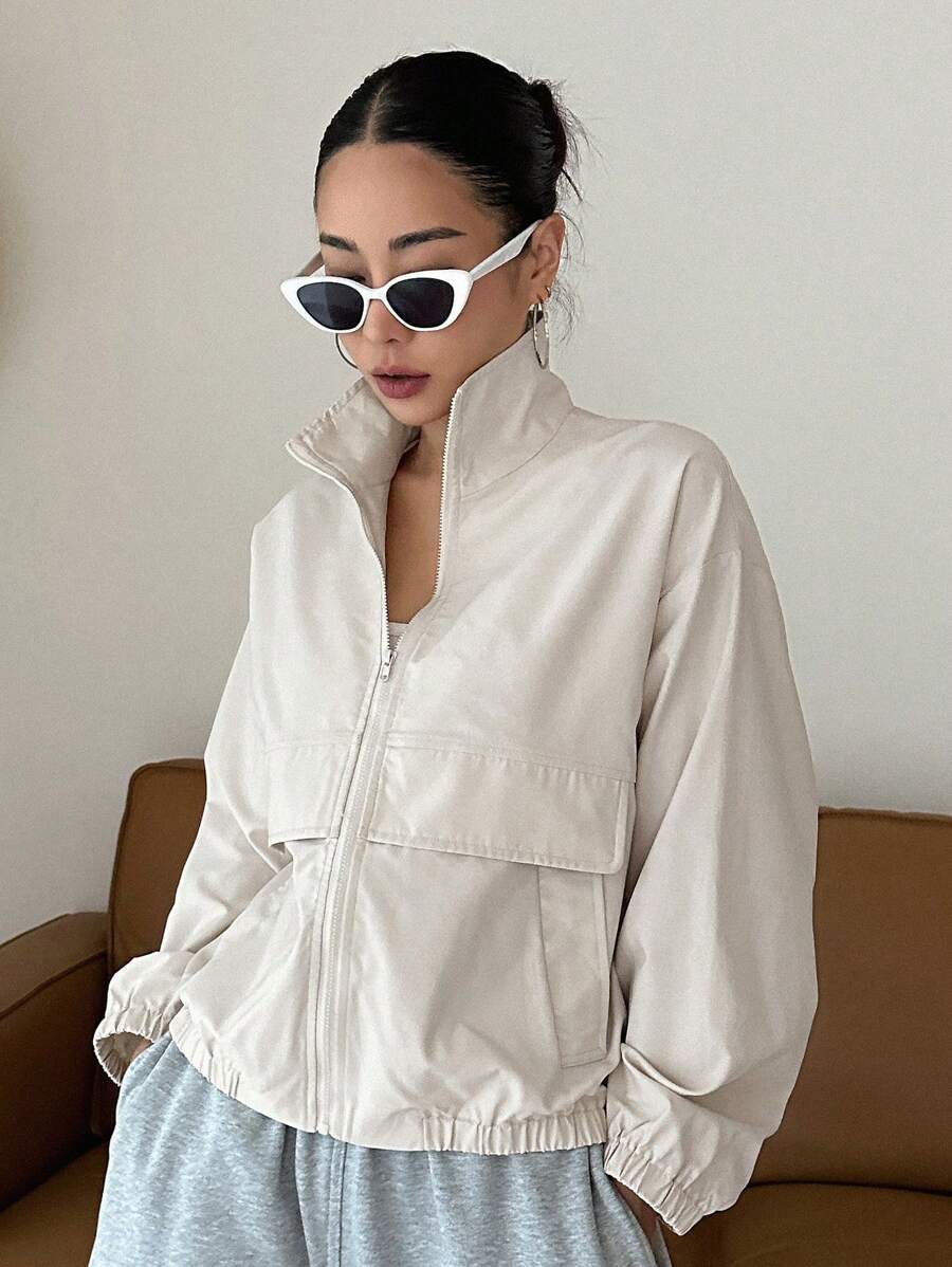 DAZY Zip Up Drop Shoulder Flap Pocket Jacket | SHEIN USA