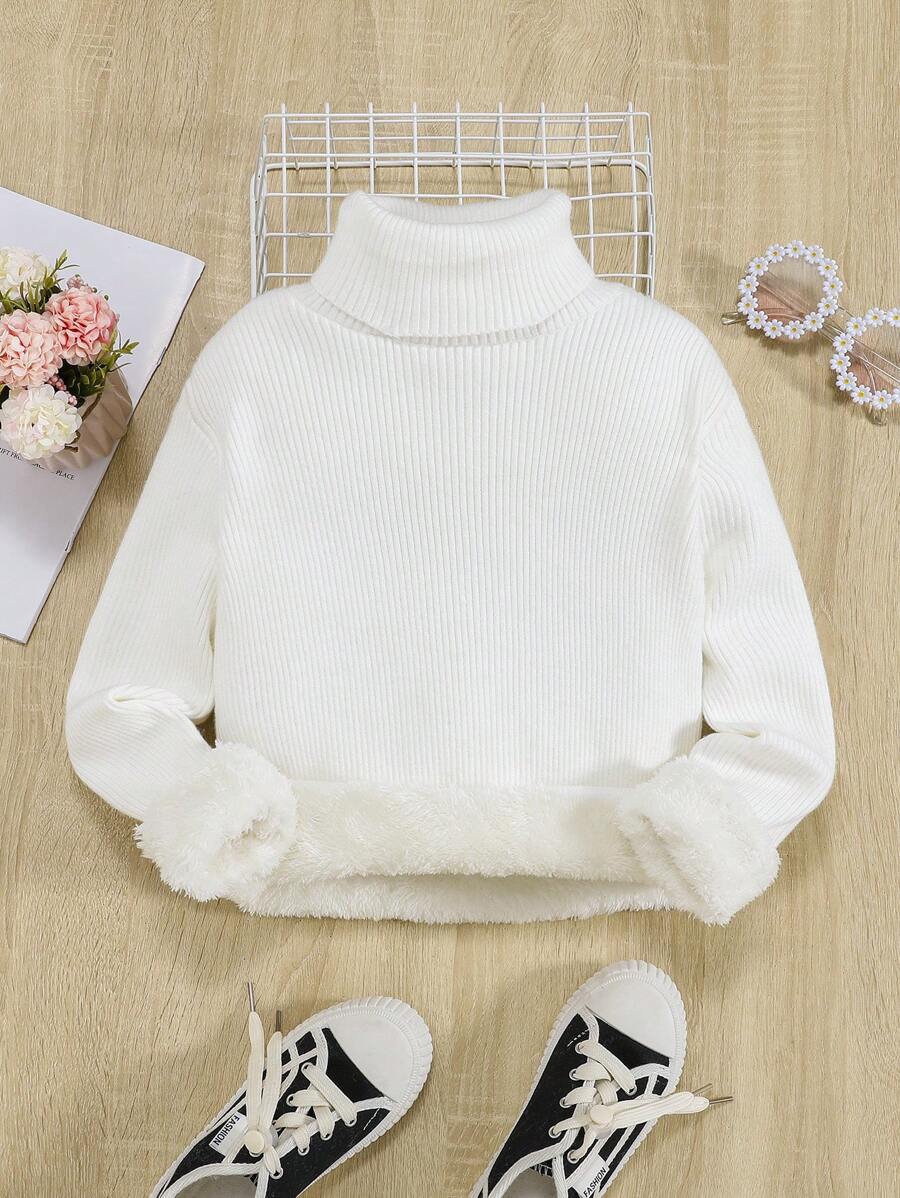 SHEIN Tween Girl Turtleneck Fuzzy Cuff Sweater | SHEIN USA