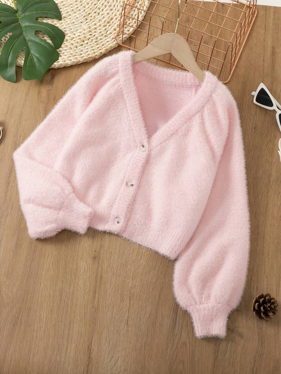 SHEIN Tween Girl Solid Button Front Lantern Sleeve Fuzzy Cardigan ...