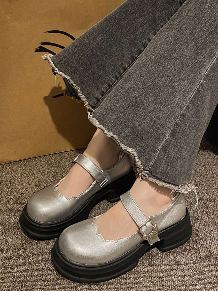 Women's Fashionable Metal Shell Edge Mary Jane Shoes With Wedge ...
