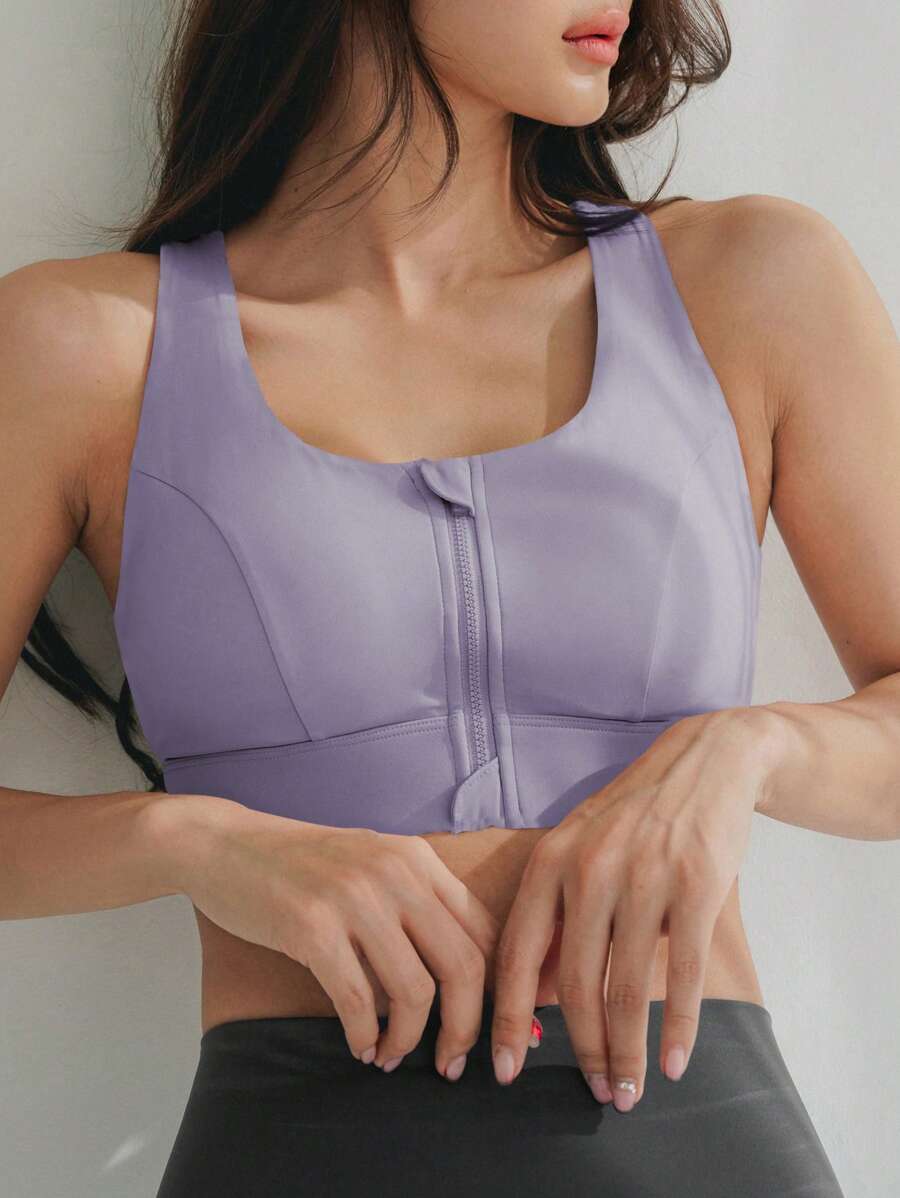 DAZY Solid Zip Up Crop Sports Bra | SHEIN USA