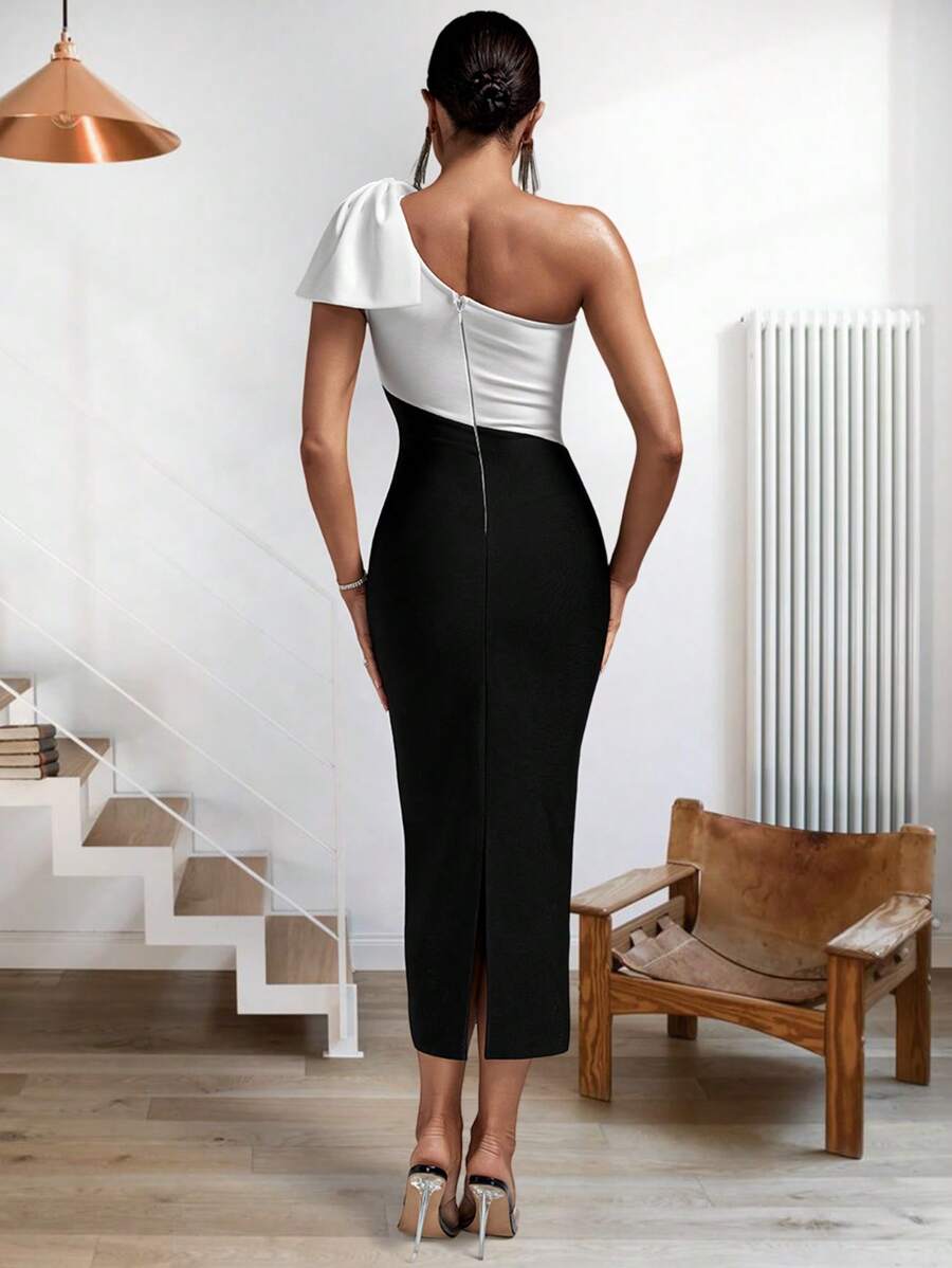 Two Tone One Shoulder Bodycon Dress Shein Usa