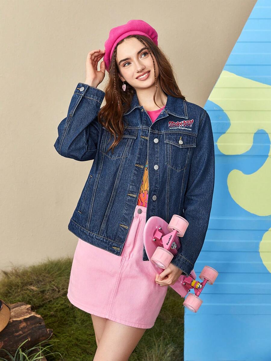 SCOOBY-DOO X SHEIN Letter & Cartoon Graphic Flap Pocket Denim Jacket ...