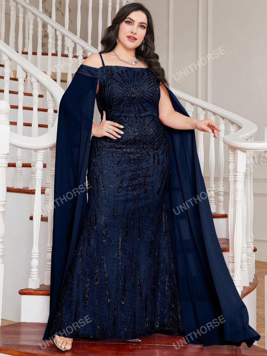 Plus Cold Shoulder Cloak Sleeve Sequin Party Dress Elegant Formal ...