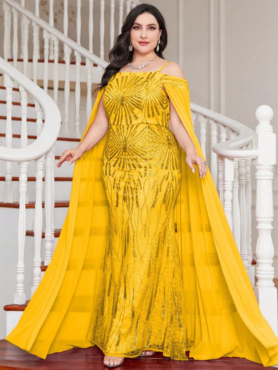 Plus Cold Shoulder Cloak Sleeve Sequin Party Dress Shein Usa