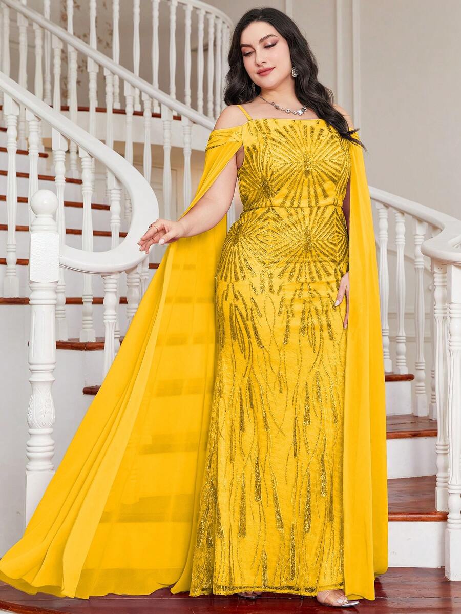 Plus Cold Shoulder Cloak Sleeve Sequin Party Dress Shein Usa