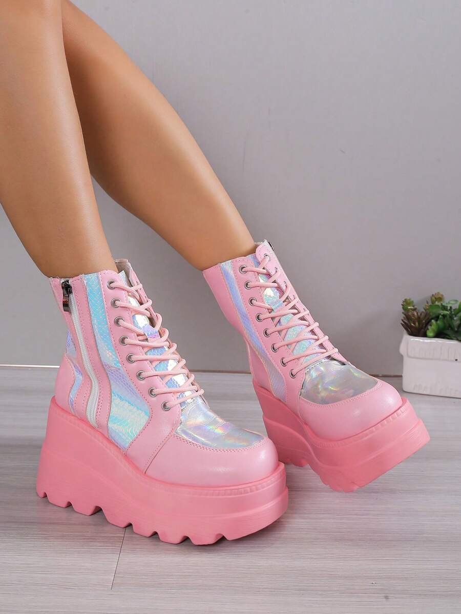 Women's Snake Print Lace-up Fashion Laser Chunky Heel Platform Boots ...