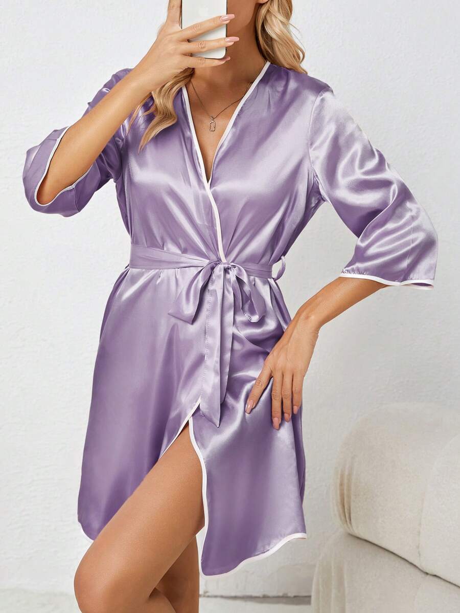 SHEIN Contrast Binding Belted Satin Robe | SHEIN UK
