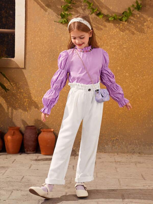 SHEIN Chica preadolescente Blusa ribete fruncido manga virago de cuello ...