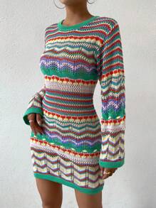 SHEIN Essnce Chevron Pattern Pointelle Knit Sweater Dress | SHEIN USA