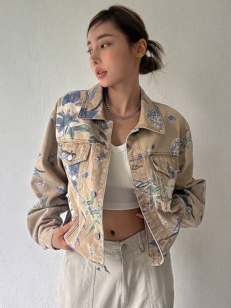 DAZY Floral Print Drop Shoulder Denim Jacket | SHEIN UK