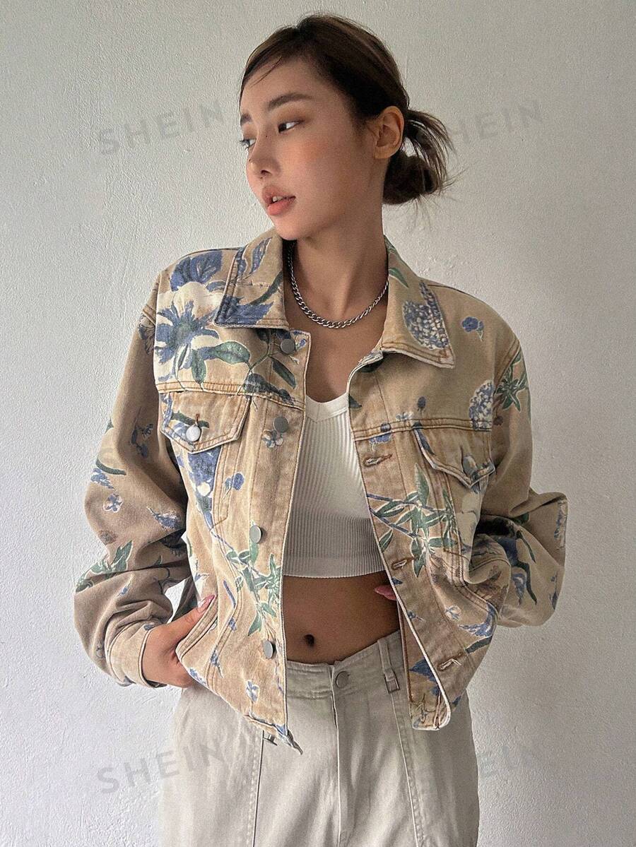 DAZY Floral Print Drop Shoulder Denim Jacket | SHEIN USA