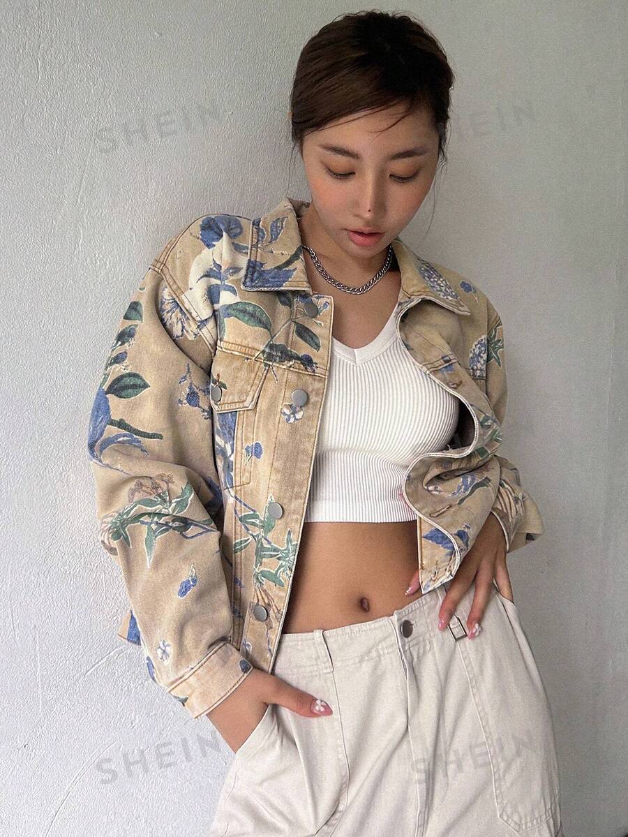 DAZY Floral Print Drop Shoulder Denim Jacket | SHEIN USA