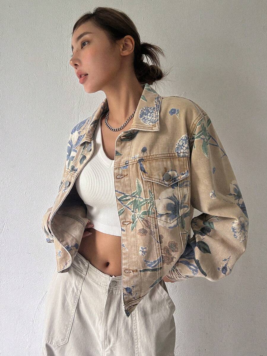 DAZY Floral Print Drop Shoulder Denim Jacket | SHEIN UK