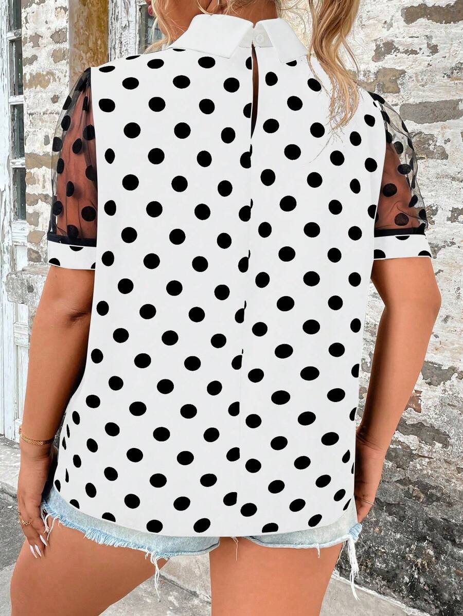 Shein Essnce Plus Polka Dot Contrast Mesh Puff Sleeve Blouse Shein Usa