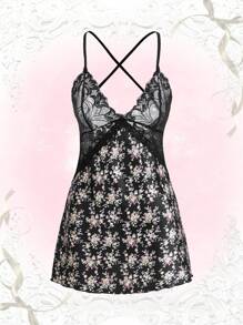 ROMWE Kawaii Babydoll Slips con estampado floral con encaje en ...