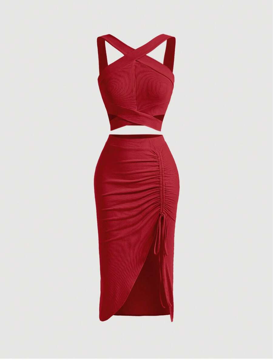 SHEIN MOD Crisscross Crop Halter Top & Drawstring Split Thigh Skirt ...