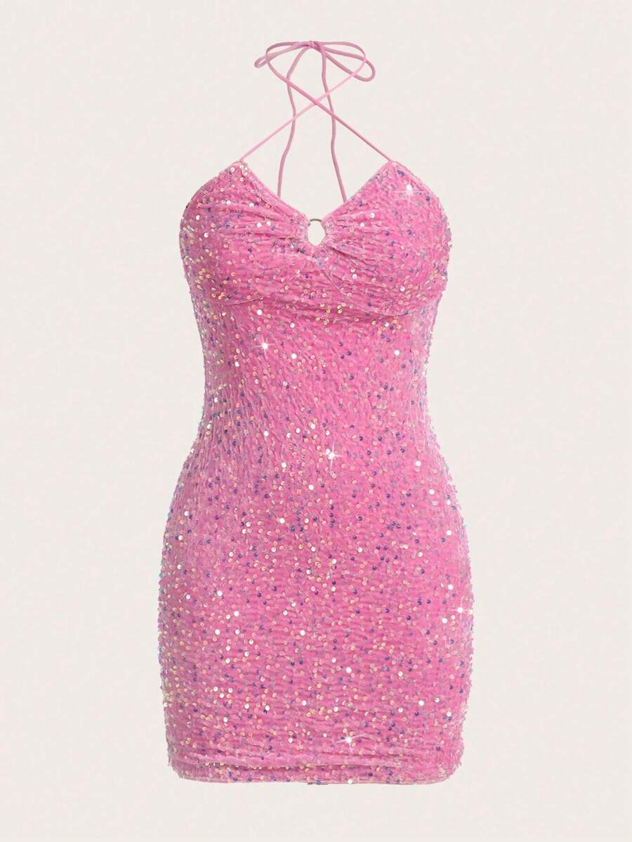 Sweetina Tie Backless Sequin Halter Bodycon Dress Without Hat Sparkly ...