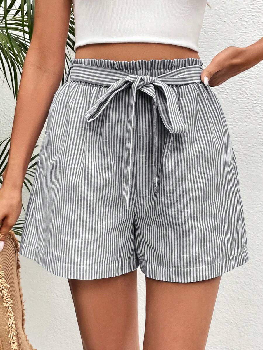 SHEIN Frenchy Striped Print Paperbag Waist Belted Shorts | SHEIN EUR
