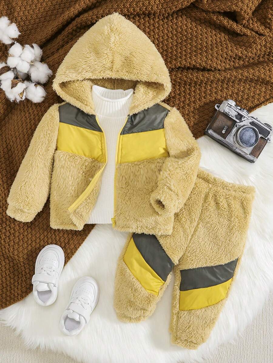 SHEIN Baby Boy Outdoor Fleece-lined Hooded Color Block Jacket And Pants ...