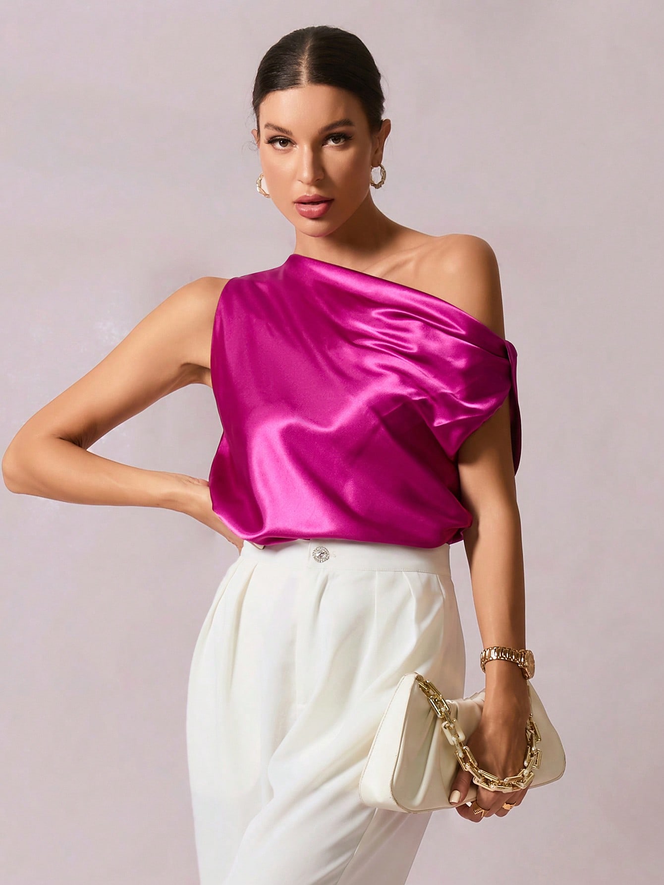 Asymmetrical Neck Satin Blouse Shein Usa
