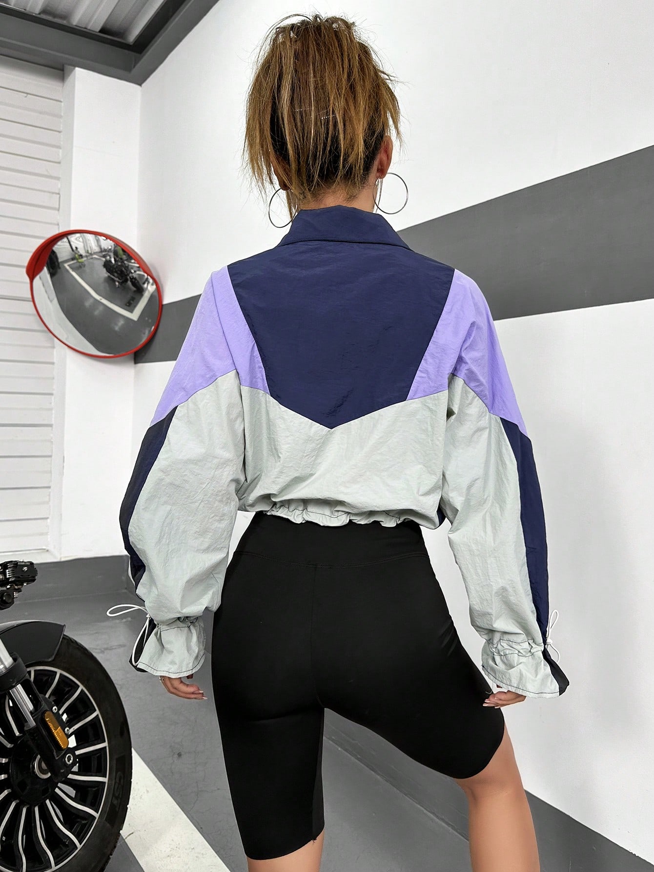 Colorblock Drawstring Hem Flounce Sleeve Zip Up Crop Windbreaker Jacket ...