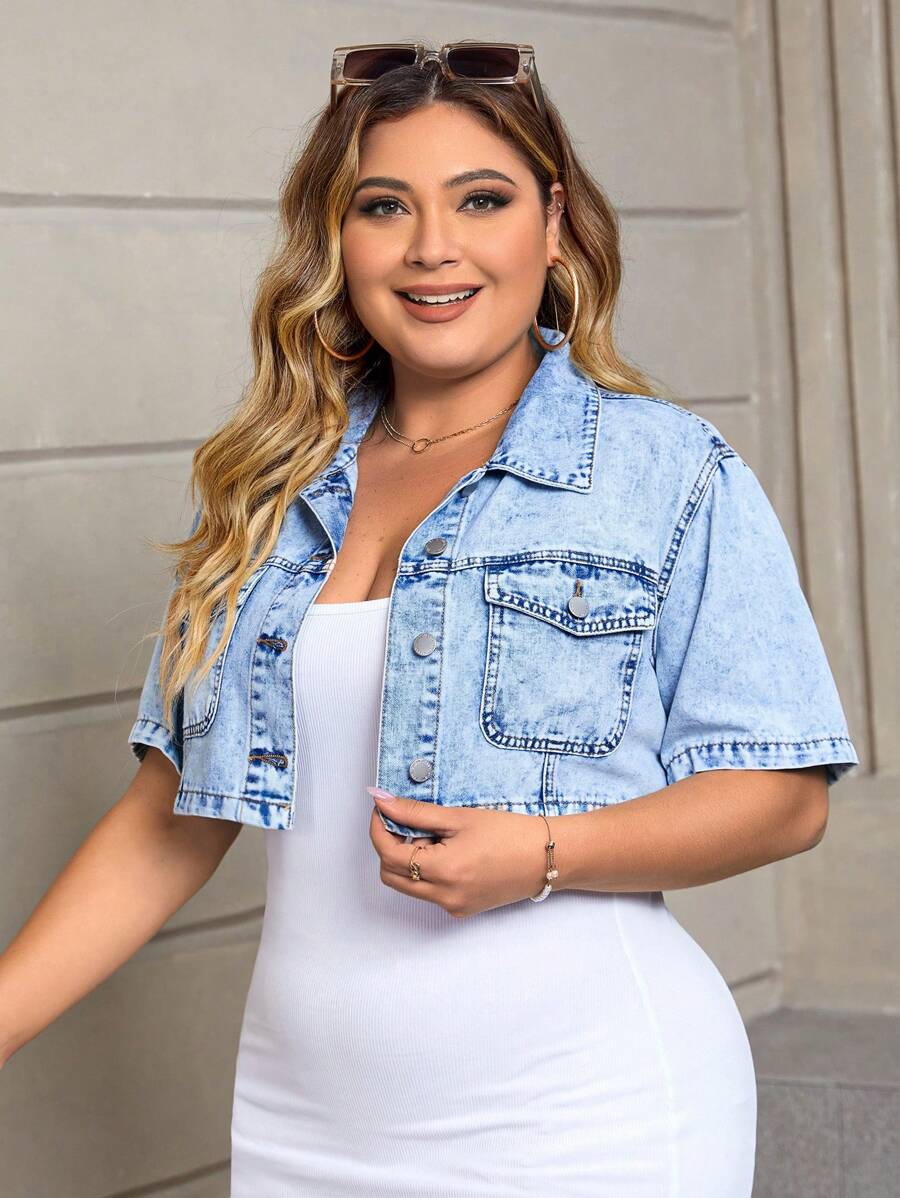 Shein Sxy Plus Flap Pocket Crop Denim Blouse Shein Usa