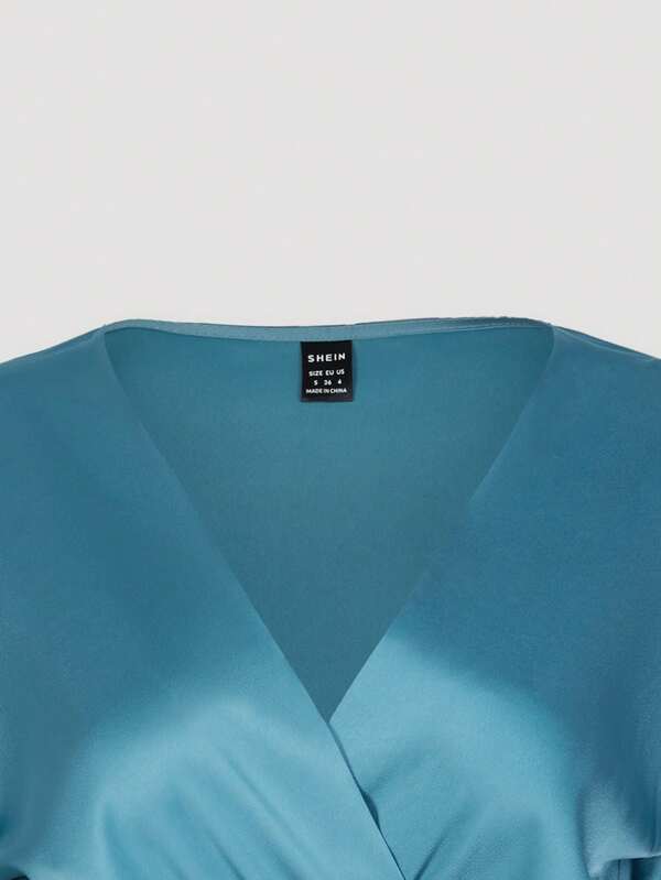 Shein Lune Vestido De Manga Farol Con Diseño Con Hebilla Cruzado De