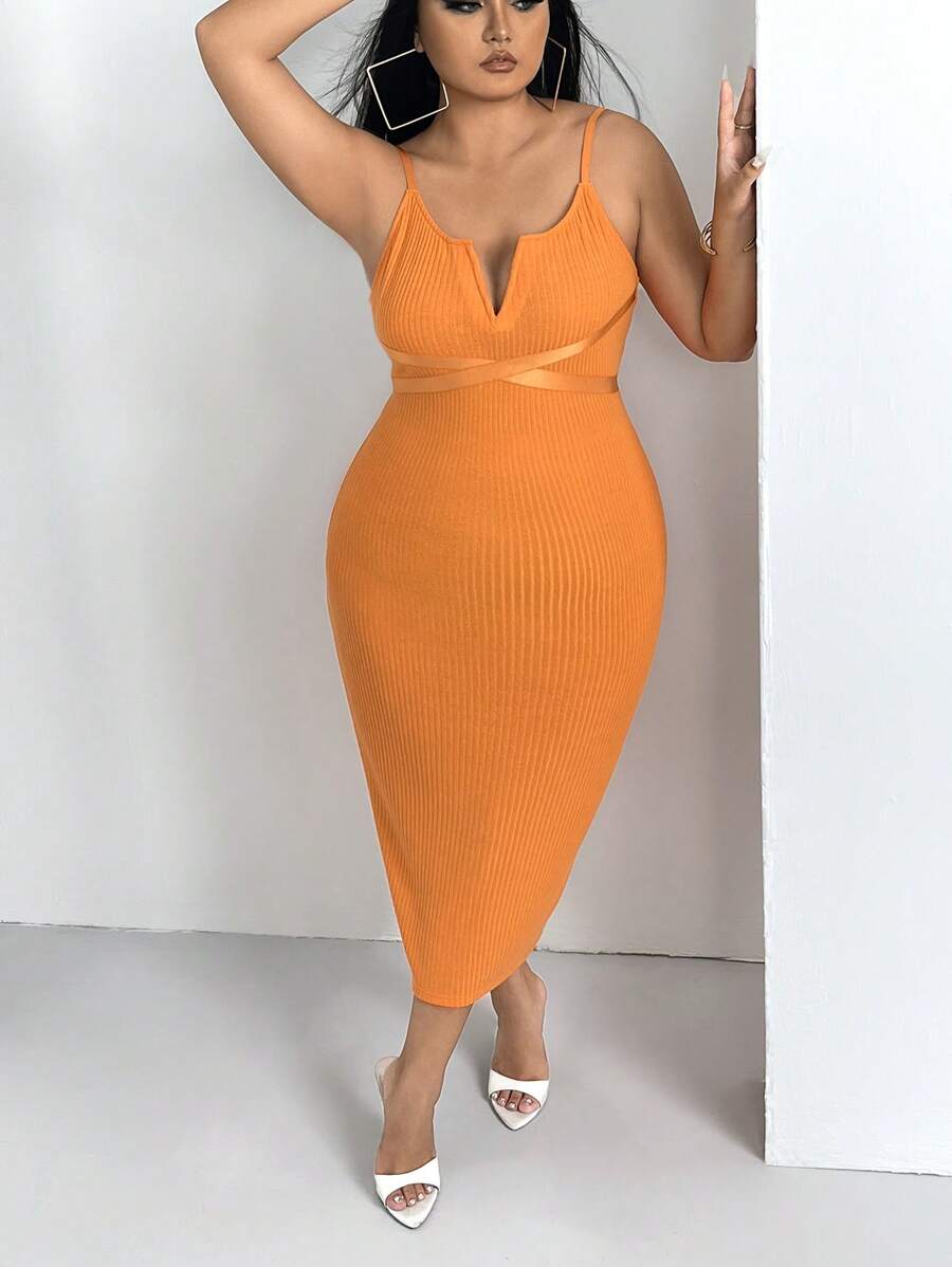 SHEIN SXY Plus Notched Neckline Cami Bodycon Dress | SHEIN USA