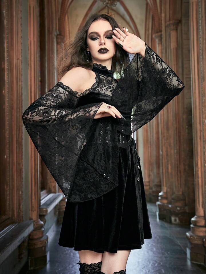 ROMWE PUNK Contrast Lace Cold Shoulder Velvet Dress Without Corset ...