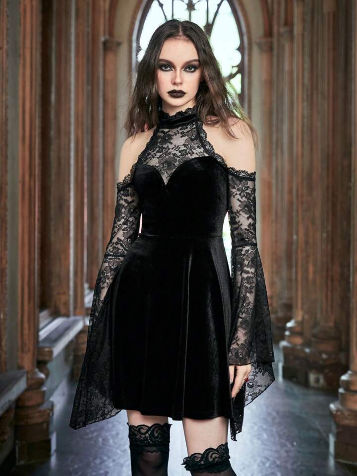 ROMWE PUNK Contrast Lace Cold Shoulder Velvet Dress Without Corset ...