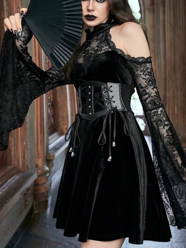 ROMWE PUNK Contrast Lace Cold Shoulder Velvet Dress Without Corset ...