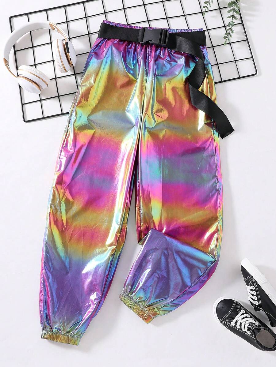 Tween Girl Holographic Belted Trousers | SHEIN UK