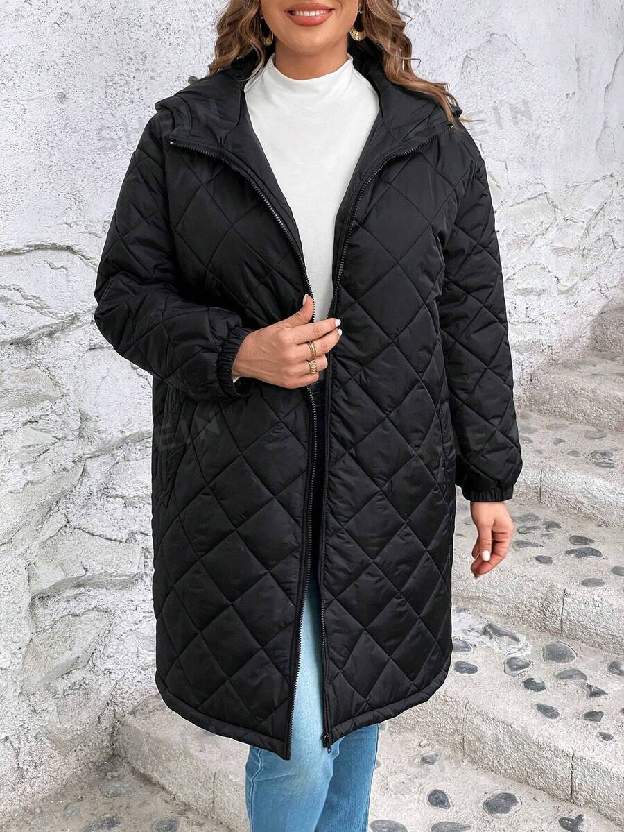SHEIN LUNE Plus Zip Up Hooded Quilted Coat for Sale New Zealand| New Collection Online| SHEIN ...