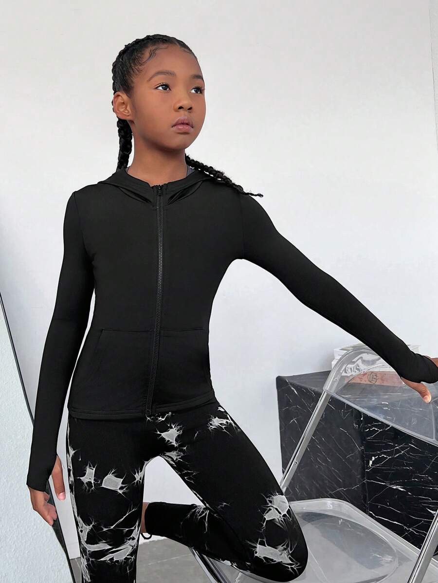 SHEIN Tween Girls' Professional Athletic Knitted Swimsuit Fabric Hooded ...