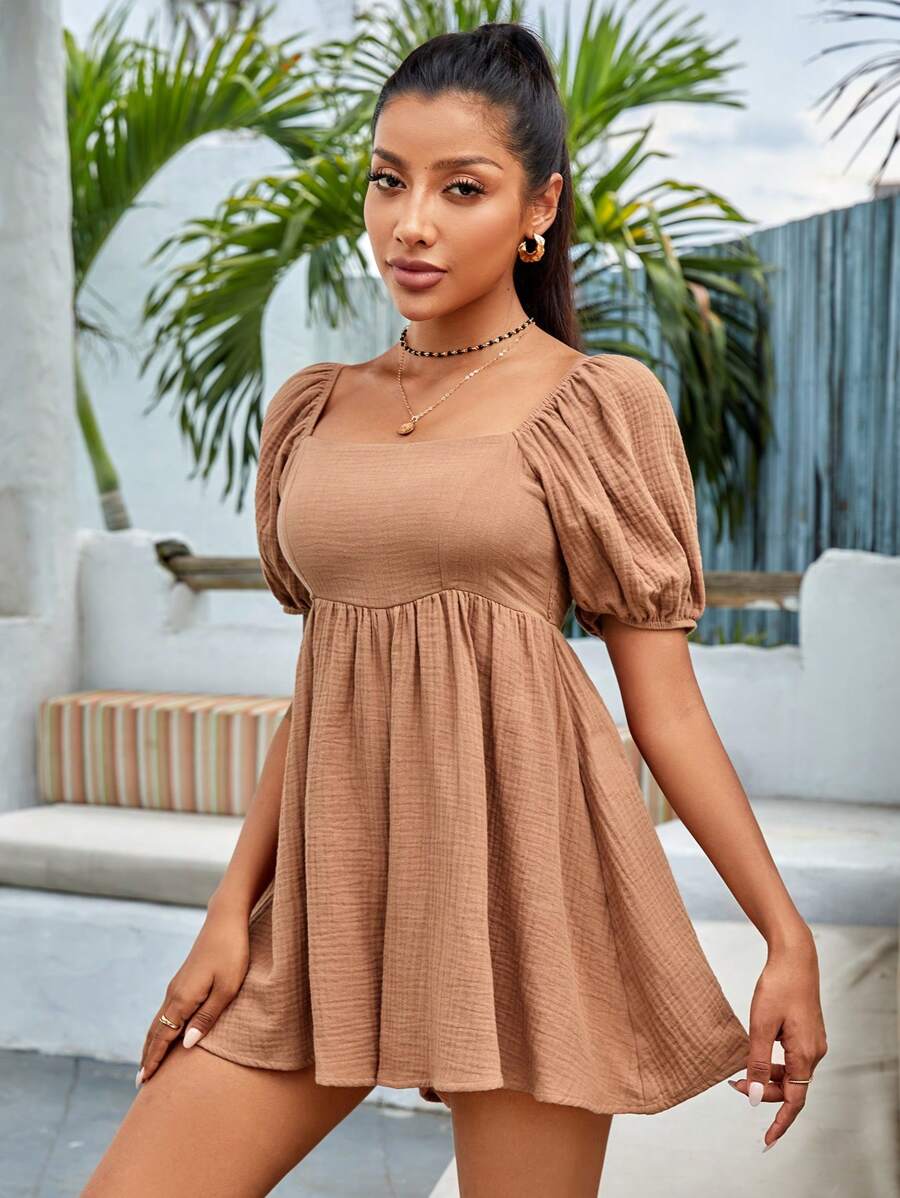 SHEIN VCAY Square Neck Puff Sleeve Romper | SHEIN USA